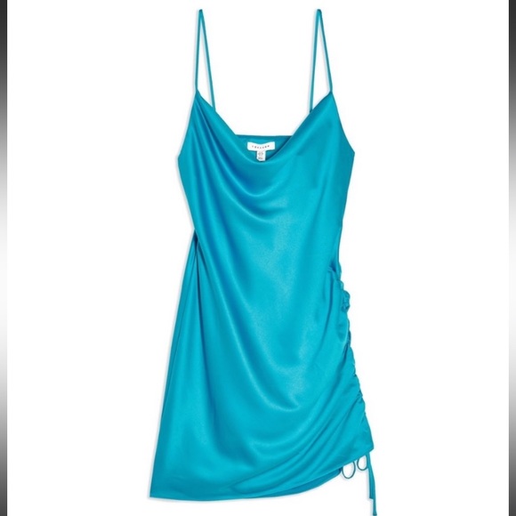 Topshop | Dresses | Topshop Turquoise Ruched Satin Slip Mini Dress Nwt ...